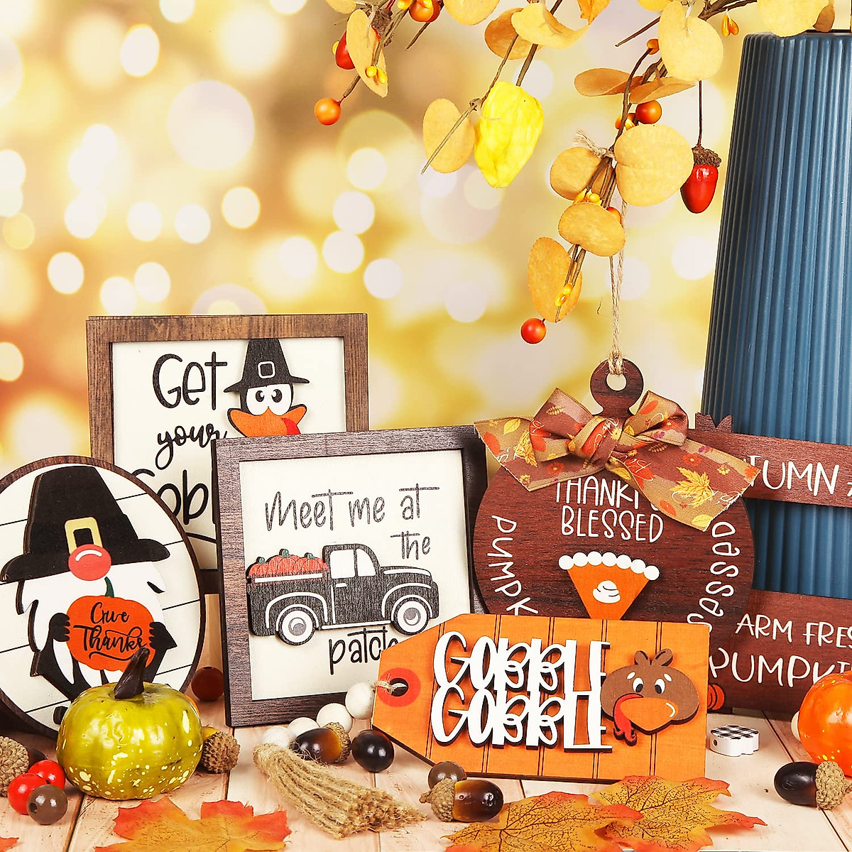 6 Pieces Thanksgiving Decoracion Fall Tiered Tray Decor,Pumpkin Turkey Gnomes Fall Wooden Tiered Tray Decor Top Decor Table Signs for Home Farmhouse Tabletop
