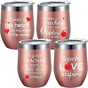 Patelai 4 Pcs Teacher Appreciation Gift Back to School Gift Personalized Thank You Teacher Coffee Mug Birthday Christmas Gifts for Women Men, 12 oz Wine Tumbler with Straws and Brushes (Rose Gold)