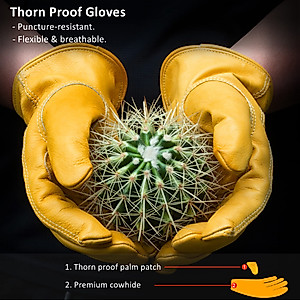 FEISHDEK Yellow Large Cowhide Thorn Proof Gardening Gloves for Men Safety Working Gloves with Durable Grip Reinforced Palm Patch