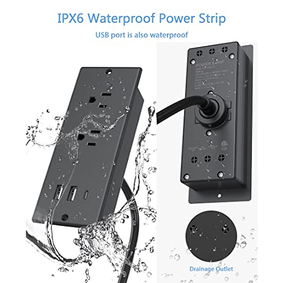 Conference Recessed Power Strip Waterproof, with PD 20W USB C Fast Charging Port,2 Outlets,Furniture Recessed Power Outlet,Desk Power Strip Surge Protector,Drawer Outlet,Flat Plug,6ft Cable (Black)