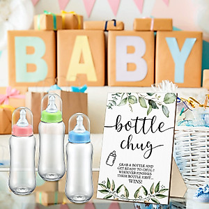 Roowest Baby Bottles for Baby Shower Games Bottle Chug 12 Pcs Plastic Baby Bottles Bulk and Bottle Chug Sign Baby Bottle Chugging Games for Party Gender Reveal Wedding Bridal Shower(Green Leaves)