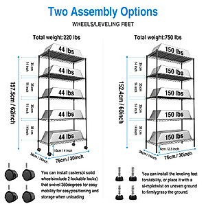 pouseayar 5 Tier NSF Metal Shelf Wire Shelving Unit, 60" H x 30" L x 14" D - 750lbs Capacity Heavy Duty Adjustable Storage Rack with Wheels & Shelf Liners - Black Set of 2