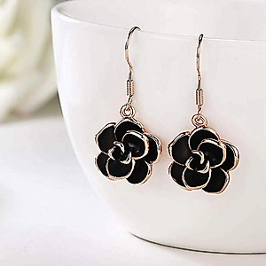 Rose Gold Plated Black Rose Flower Dangle Drop Earrings Fashion Jewelry for Women