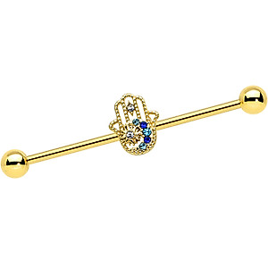 Body Candy 14G Plated Steel Helix Cartilage Earring Blue Accent Texture Hamsa Hand Industrial Barbell 1 1/2"