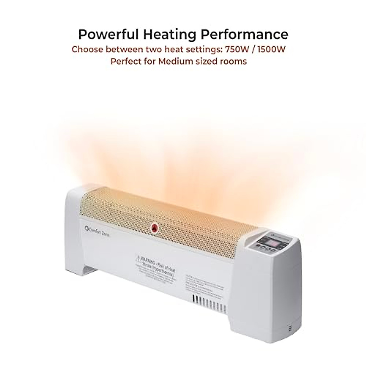 Comfort Zone Baseboard Space Heater with Digital Thermostat, Electric, Dent-Proof End Panels, Overheat Protection, Tip-Over Switch, & Stay-Cool Body, For Home, Bedroom, & Office, 1,500W, CZ650BWT