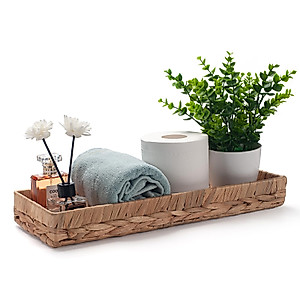 Woven Bathroom Vanity Tray for Storage Water Hyacinth Back of Toilet Basket Long Narrow Guest Towel Holder (Natural 16.3 x 6.1 x 2 inch)