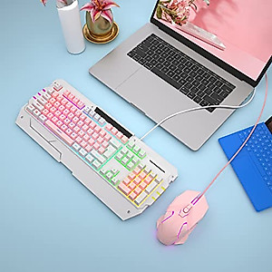 Pink Keyboard USB Gaming Keyboards and Mouse Combo, GT817 104 Key Rainbow Backlit Keyboard and Mouse Set, Computer Keyboard USB Wired Mouse for Windows PC Gamers (White & Pink)
