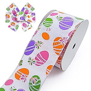 Spring Easter Ribbons for Wreath Bows Wrapping Gifts, Colorful Easter Eggs White Ribbons for Easter Decoration DIY Crafts, 2.48" X 10 Yards Spring Wired Edge Burlap Ribbon