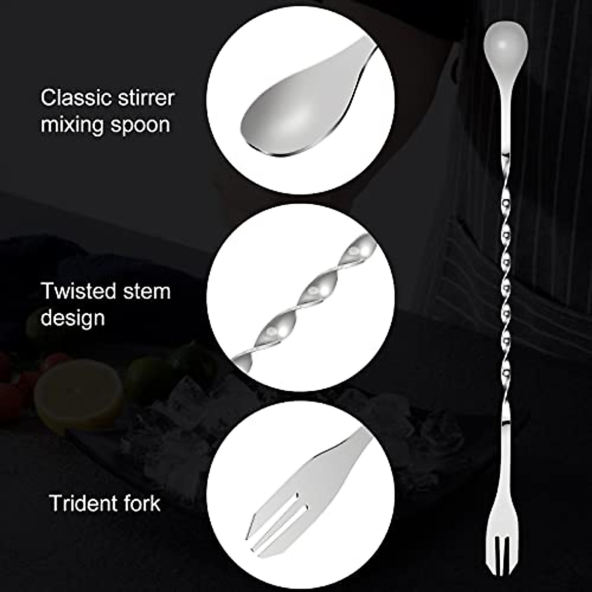 YEAJOIN 4PCS Stainless Steel Cocktail Muddler and Long Mixing Bar Spoon Set Home Kitchen Rest Bar Tools Stirrers for Drink Mint Fruit Crusher, 8 Inch