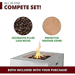 Lokingrise 32" Square Concrete Fire Pit Table, Gas Fire Pit, Outdoor Concrete Fire Table, Propane Fire Pit Table with Cover, Included Fire Pit Accessories