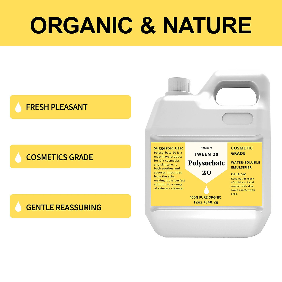 12 oz Polysorbate 20 Emulsifier, Premium Polysorbate 20 (TWEEN 20) Liquid, 100% Pure, Cosmetics Grade, Gentle on Skin, Suitable for Making Lotions, Shampoos, Body Washes, Makeup Removers and More