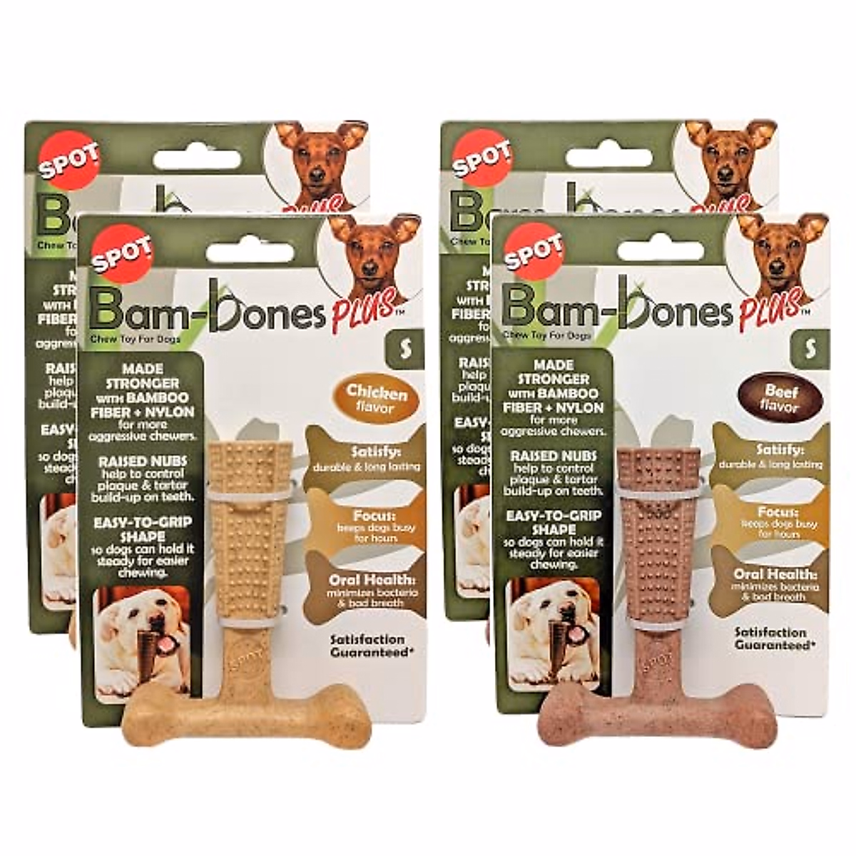 SPOT by Ethical Products 4 in Bambone Plus Easy Grip Peanut Butter, Beef & Chicken Dog Chew Bundle - Bamboo & Nylon Anti Anxiety Bone for Aggressive Chewers & Dental Health for Dogs - Small (4 Pack)