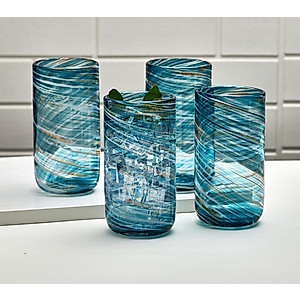 Mikasa Color Swirl Highball Glass Tumbler Cups, Set of 4, Blue
