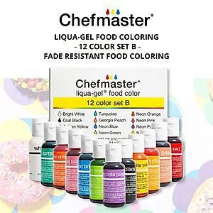 Chefmaster - Liqua-Gel Food Coloring - 12 Color Set B - Fade Resistant - 12 Pack - Vibrant, Eye-Catching Colors, Easy-To-Blend Formula, Fade-Resistant - Made in the USA
