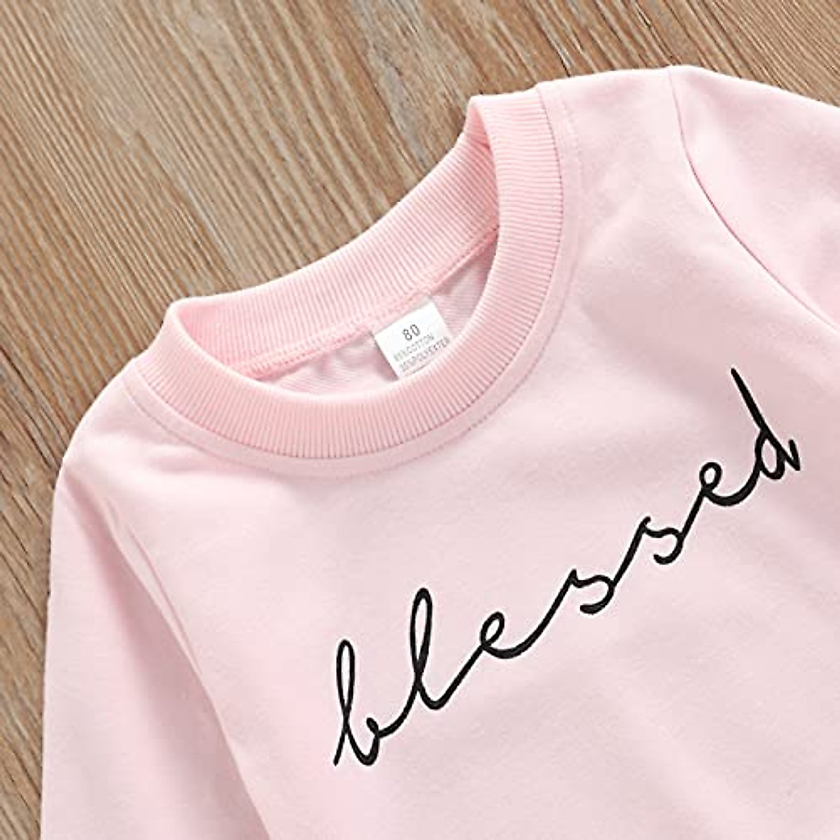 Mandizy Kids Toddler Girl Spring Fall Outfits Blessed Letter Print Long Sleeve Sweatshirt Tops and Camouflage Pants Clothes Set (Pink, 3-4T)