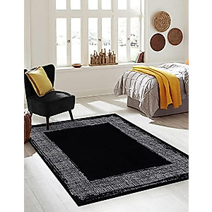 Beverly Rug Modern Border Indoor 5x7 Area Rugs w/Jute Backing for Living Room, Bedroom, and Kitchen Black/Off White