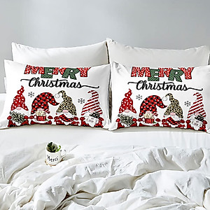VIVIHOME 3PCS Merry Christmas Duvet Cover Full, Cute Gnome Duvet Cover, White Bedding, Snowflake Red Buffalo Plaid Striped Leopard Print Holiday Xmas Comforter Bedspread Quilt Cover, 2 Pillow Shams