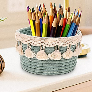 Woven Basket Small Woven Storage Basket Decorative Cotton Rope Basket with Tassel Woven Nursery Hamper Storage Bin for Blankets Towels Toilet Paper Green Bathroom Basket