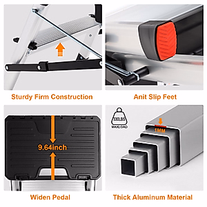 Mesjaedr Two Step Ladder, Folding Aluminum Step Stool with Wide Pedal & Built-in Tool Box, 330 lbs Capacity Sturdy&Portable 2 Step Ladder for Home Kitchen, Bedroom, Office, Library, Workplace