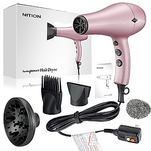 NITION Negative Ions Ceramic Hair Dryer with Diffuser (Large Size 5.3 inch) Attachment,Ionic Blow Dryer Quick Drying,1875 Watt 2 Speed / 3 Heat Settings,Cool Shot Button,Lightweight,Rose Pink