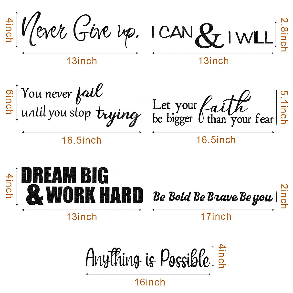 5 Sheets Vinyl Wall Quotes Stickers Inspirational Quotes Decals Peel and Stick Motivational Wall Decals Never Give up Anything is Possible Wall Decals for Bedroom Living Room Office Bathroom