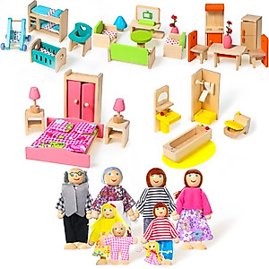 Civaner 52 Pcs Wooden Dollhouse Furniture Set Including 8 Family Dolls Miniature Doll House Accessories 1:12 Scale 5 Space Kits Bathroom Bedroom Living Room Dining Room Kitchen Gift for Christmas