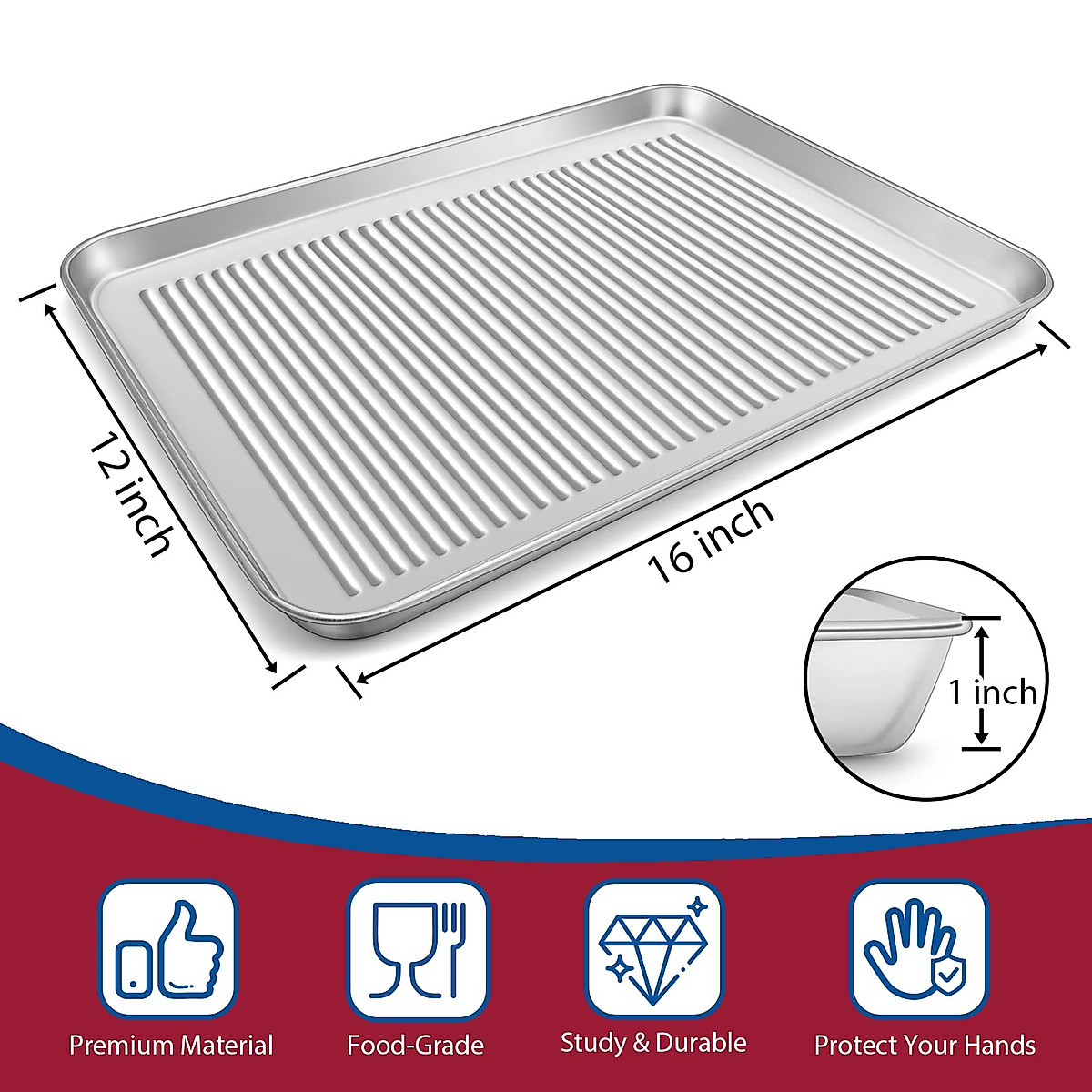 Large Baking Sheet Pan Set of 2 for Oven, P&P CHEF Stainless Steel Cookie Sheets Trays Bakeware, Rectangle 16 x 12 x 1 Inch, Corrugated Bottom & Mirror Finished Surface, Dishwasher Safe