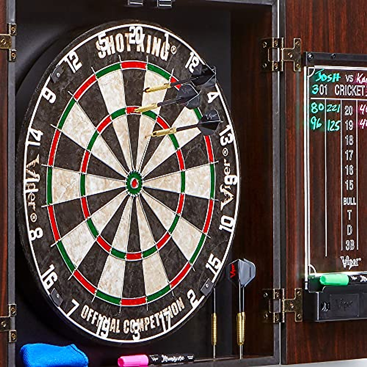 Viper by GLD Products Vault Deluxe Dartboard Cabinet with Shot King Sisal Dartboard and Illumiscore Scoreboard, Wood