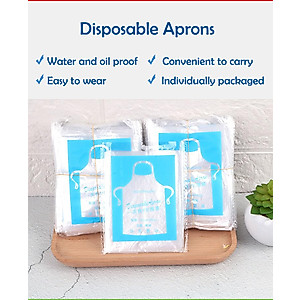 Bluelark Disposable Aprons (50 Count) Waterproof Plastic Apron For Painting, Cooking, Housework, and Picnics - Individually Packaged