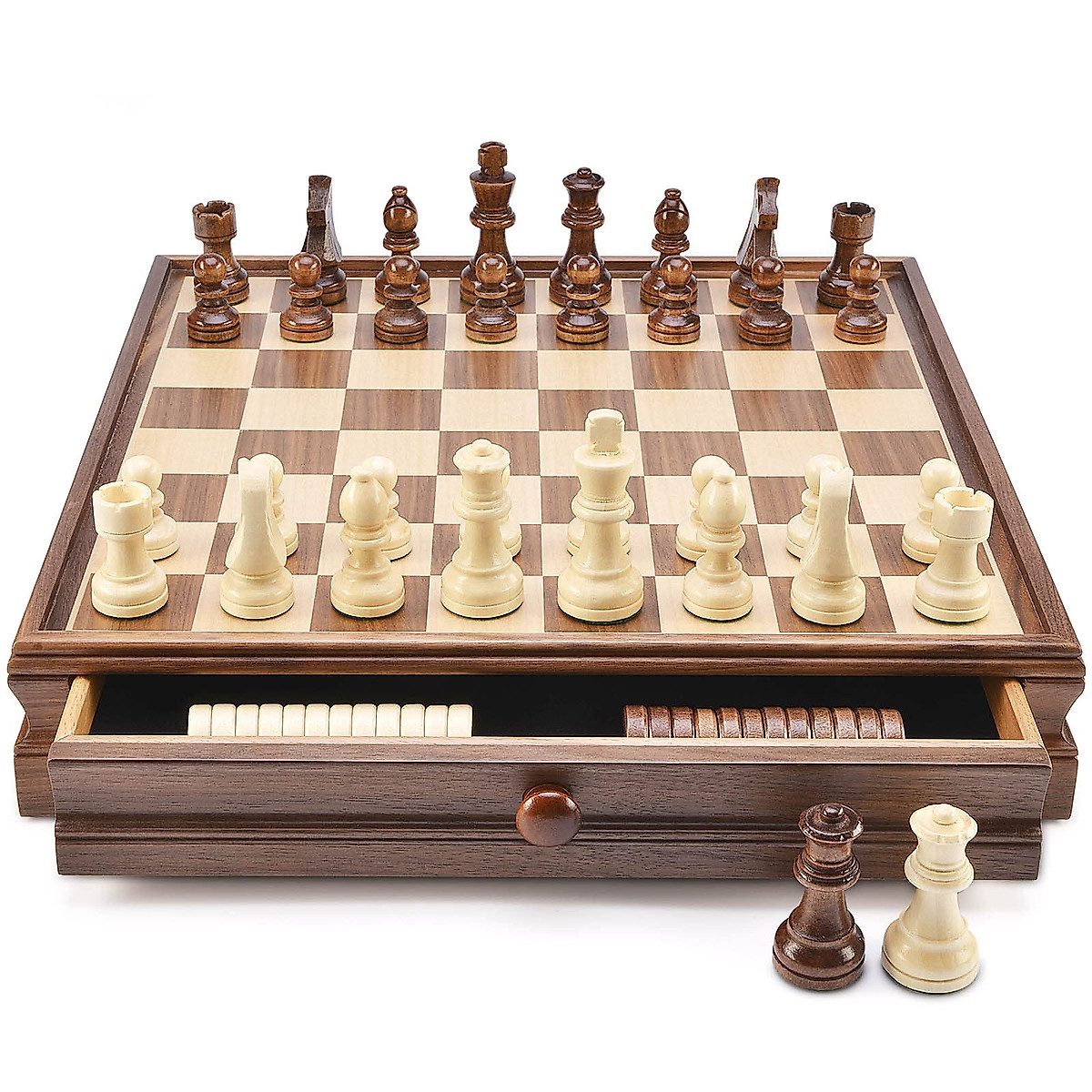 AMEROUS 15" x 15" Wooden Chess & Checkers Set with Built-in Storage Drawers/Weighted Chess Pieces / 2 Bonus Extra Queens / 24 Cherkers Pieces/Classic 2in1 Board Games for Kids, Adults
