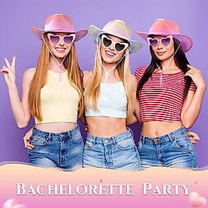 Leumoi 14 Pcs Holographic Bridal Cowgirl Party Set Heart Glasses Bride Cowboy Hats for Bachelorette Party Wedding (White, Pink)