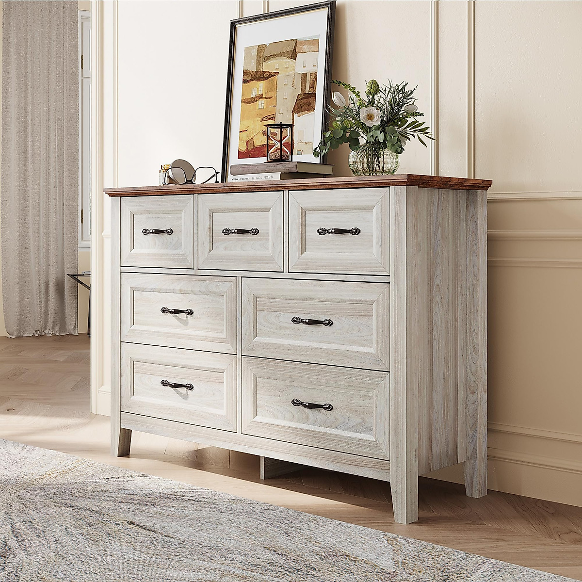 LINSY HOME Dresser for Bedroom, 7 Drawer Dresser with Metal Handles, White Chest of Drawers for Living Room, Entryway and Hallway, White Beige