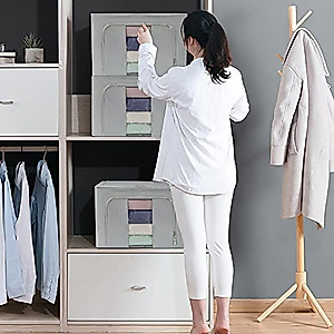 XULAN 66L Oxford Clothes Storage Bins, 2 Pack Large Metal Frame Storage Bins Stackable with Clear Window | Carry Handles for Seasonal Clothing, Bedding, Toys (Grey)