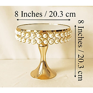 8 Inches 20cm Gold Round Mirror Cake Stand Cupcake Stands Metal Pedestal Holder with Pearls, Party Dessert Cheese Display Plate for Wedding Party Birthday Baby Shower Celebration Home Decoration