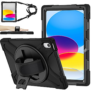 ZenRich iPad 10th Generation 10.9'' Case 2022, A2757/A2777/A2696 Full-Body Drop Protection Rugged Case with [Pencil Holder] [360° Rotate Kickstand Hand Strap] [Shoulder Strap], Black