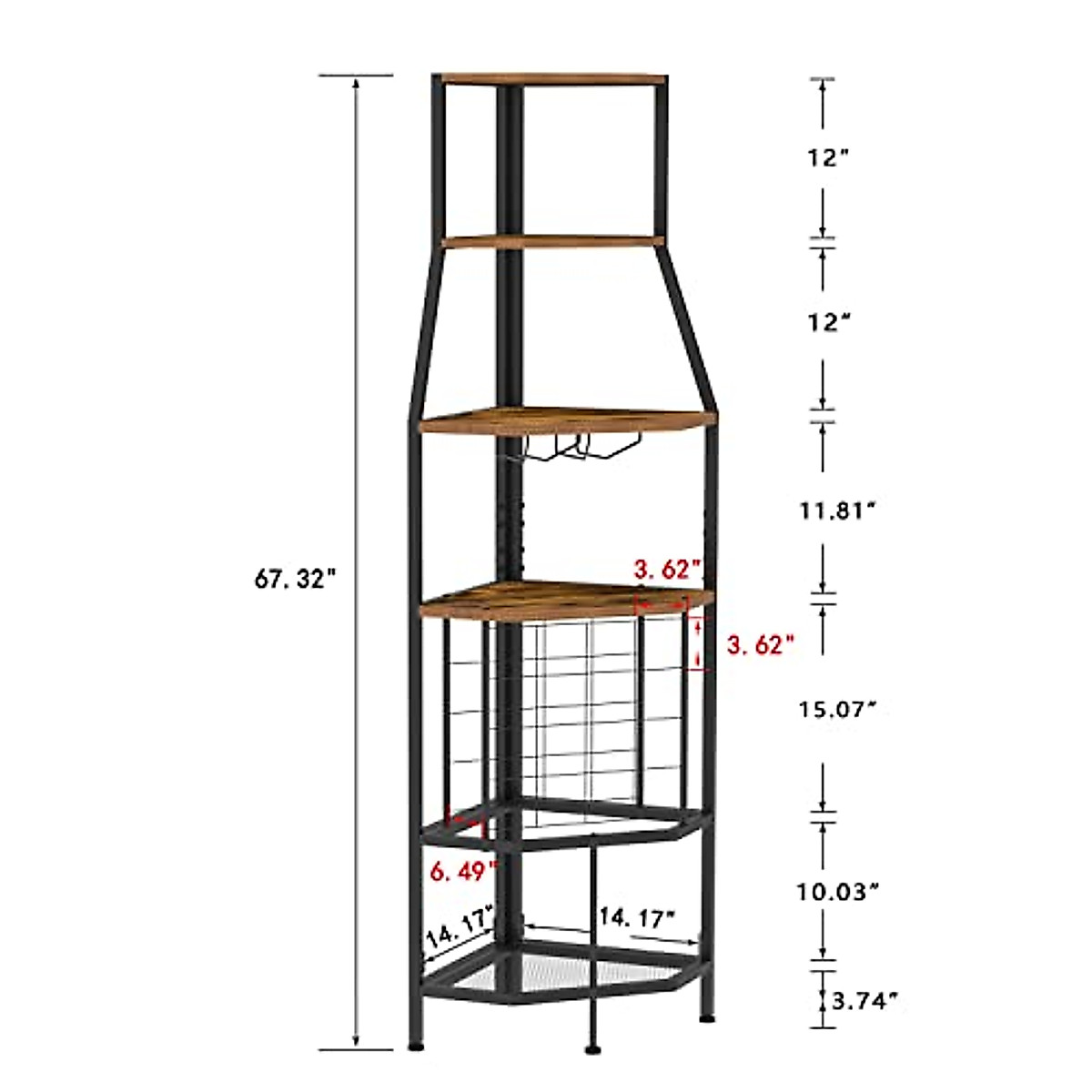Espelism 5-Tier Corner Wine Rack Freestanding Floor with Glass Holder and Bottles Wine Storage Home Bar Furniture for Home Kitchen Dining Room Industrial Metal and Wooden Corner Shelf