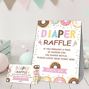 JCVUK Baby Shower Games, 1 Diaper Raffle Standing Sign with 50 Diaper Raffle Tickets,Donut Love Theme Babyshower Party Decorations and Supplies For Boys or Girls(LBLK-B10)