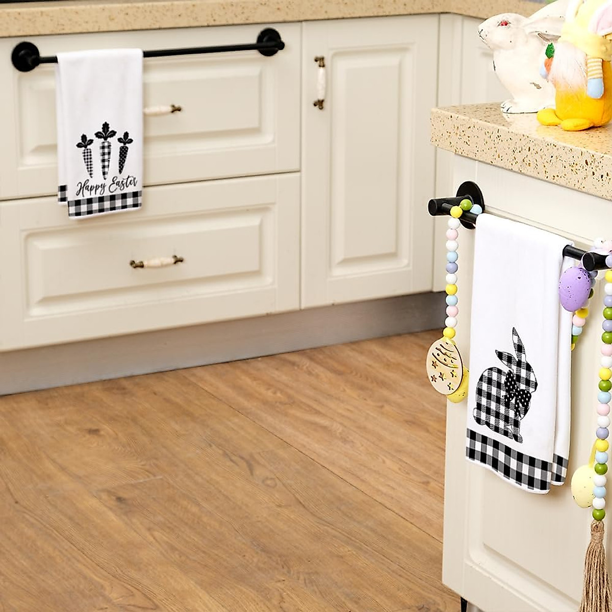 ARKENY Easter Kitchen Towels for Easter Decor Black Buffalo Plaid Check Bunny Dish Towels 18x26 Inch Bar Drying Cloth Carrot Hand Towel for Kitchen Bathroom Party Easter Decorations Set of 2