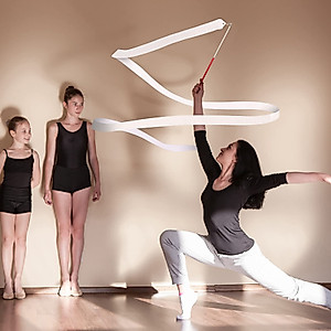 HyDren White Gymnastics Ribbon Sticks 4 Pieces Rhythmic Dancing Streamers Praise Ribbon Dancer Wand Twirling Baton for Adults Kids Ribbon Streamers for Talent Shows Artistic Dancing(White,4 Pieces)