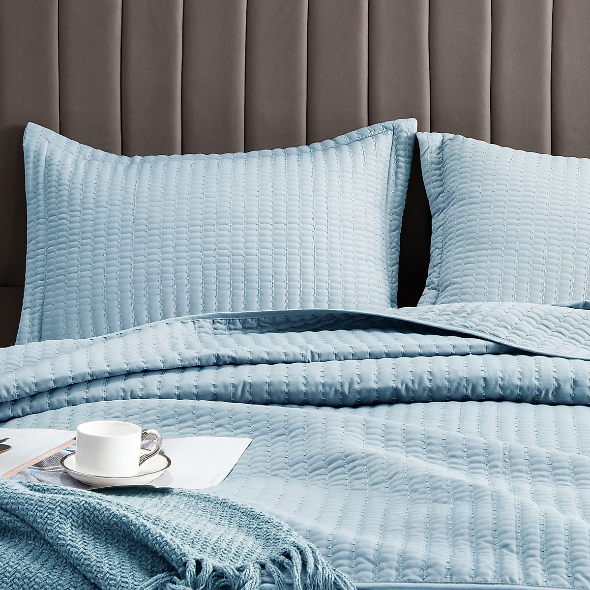 Great Bay Home King Quilt Bedding Set, 3-Piece Lightweight Summer Channel Stitch Quilt Set with Shams, Ultra Soft Baby Blue Bedspreads, Quilted Bedding Coverlets for All Seasons