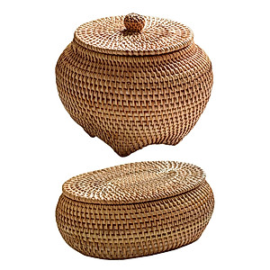 Rattan Box with Lid, 6.3x5.5 Inch Rattan Basket, Hand-Woven Round Woven Basket, Desktop Decorative Box Small Wicker Basket with Lid, Round Woven Seagrass Baskets, Little Handmade Rattan Storage
