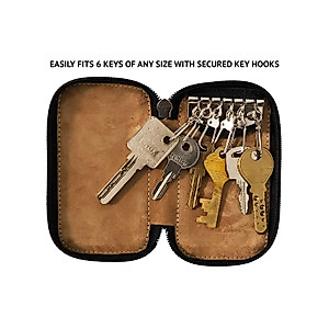 Adamis Full Grain Genuine Leather Keychain Holder Pouch, Key Case, Soft Strong and Compact Organizer and Wallet with Zip Closure for Extra Safety and 6 Key Holder Hooks in Black