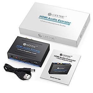 eSynic 4K HDMI Audio Extractor HDMI to HDMI + Optical TOSLINK SPDIF + Analog RCA L/R +3.5mm Jack Stereo Audio Video Splitter Converter with Power ON/Off Switch Support 4K Full HD1080p 3D