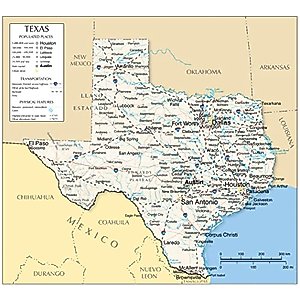 26"x24" Detailed map of Texas with boundaries, state capital Austin and major cities【Photo Paper】