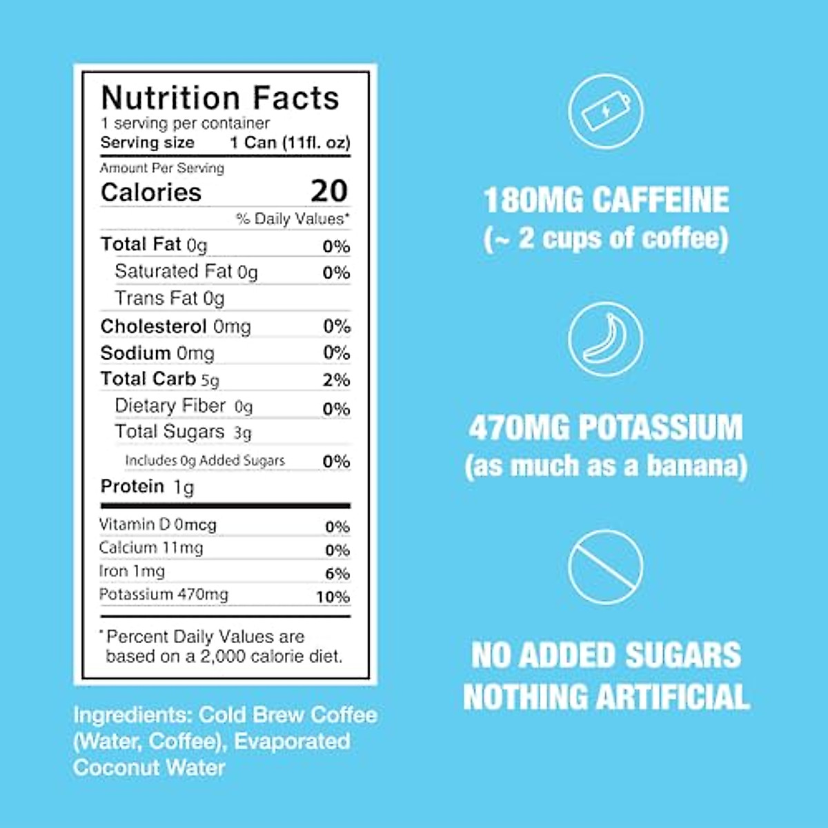 Loco Coffee Black Cold Brew Coffee [With Coconut Water] 11 Ounce Can, 12 Count | Medium Roast, 180mg Caffeine | Gluten Free and Dairy Free | Low Sugar, Low Calorie Iced Coffee