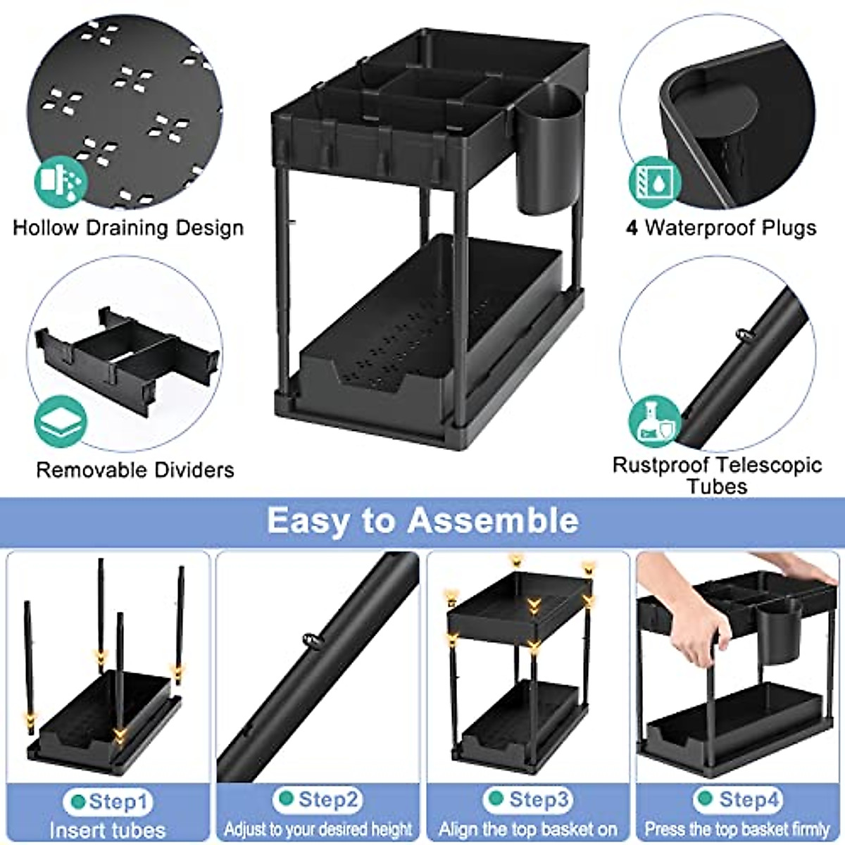 Under Sink Organizers and Storage, 2 Tier Black Bathroom Cabinet Organizer with 4-Height Adjustable Telescopic Tube,4 Removable Dividers,4 Hooks,1 Cup, Kitchen Under Sink Organizer,1 Pack