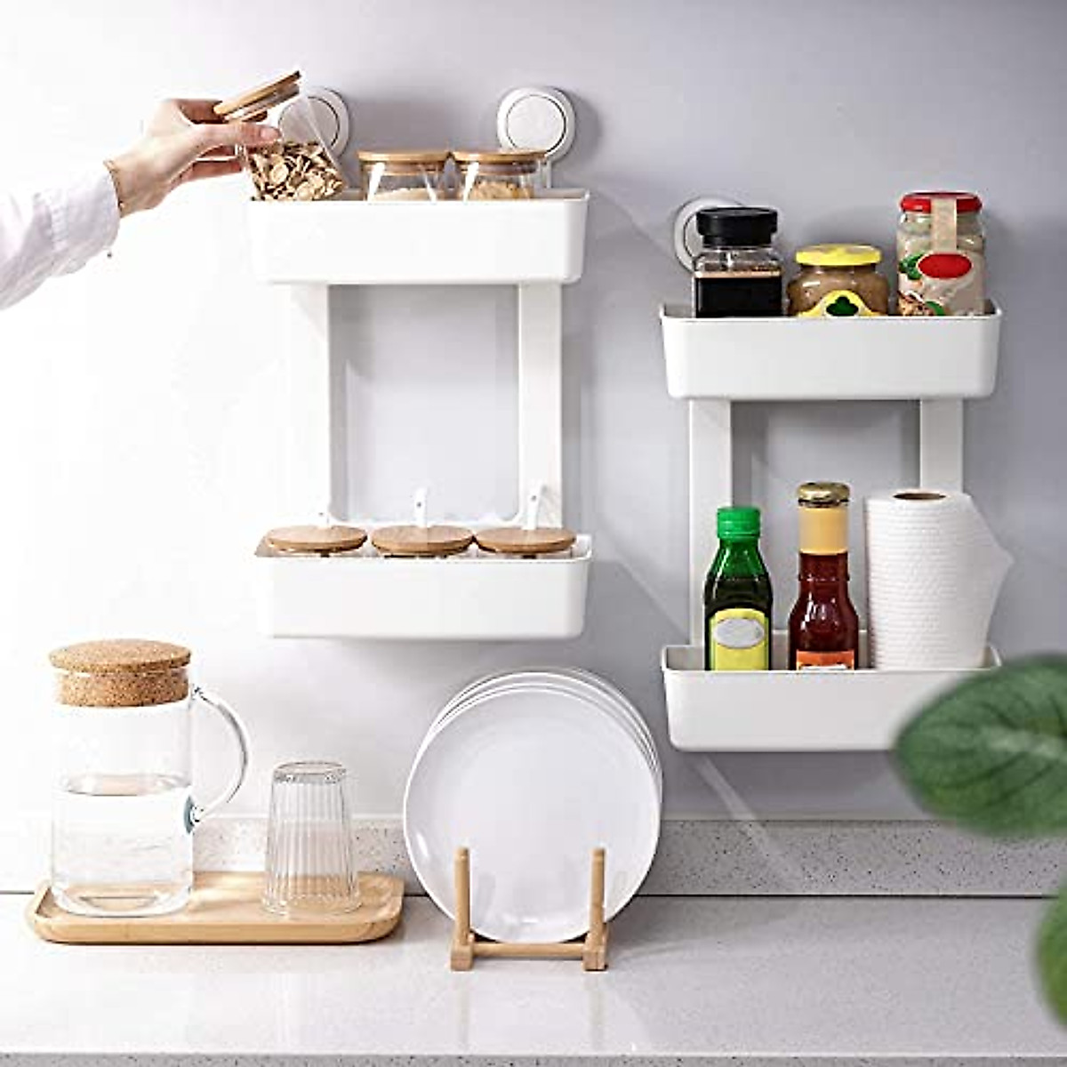 LEVERLOC Shower Caddy Suction Cup Double Layer Shower Shelf One Second Installation Removable Powerful Suction Cup Bathroom Organizer Max Hold 22lbs Waterproof Shower Storage Plastic- White