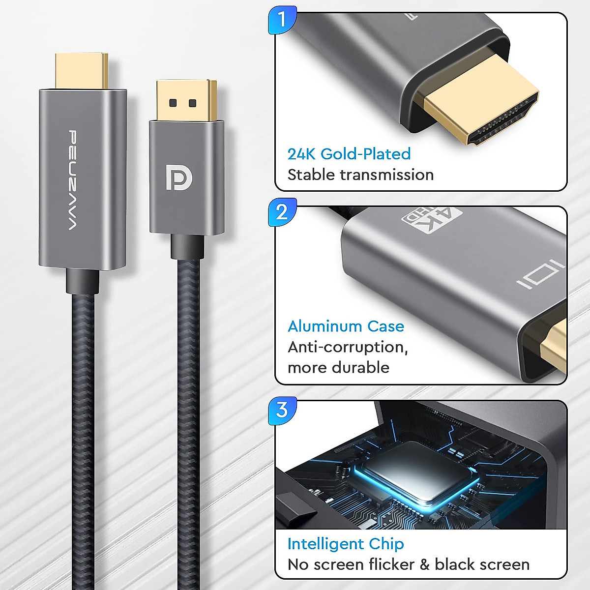 PEUZAVA 4K DisplayPort to HDMI Cable 6ft, Premium DP to HDMI Braided High Speed Cord Compatible with Computer Desktop Laptop PC Monitor Projector HDTV