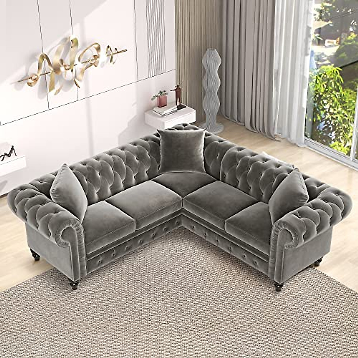 SZUBEE 8080" L Shaped Sectional Sofa Living Room Furniture Deep Button Tufted Velvet Upholstered Rolled Arm Classic Chesterfield 3 Pillows Included, Grey