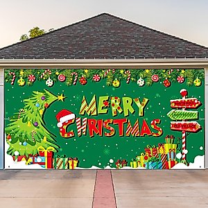 Ganeen 8 x 16 ft Christmas Outdoor Green Tree Garage Door Banner Large Winter Forest Pine Trees Snowy Backdrop Holiday Background Sign for Xmas Garage Door Wall Decoration Props Gifts